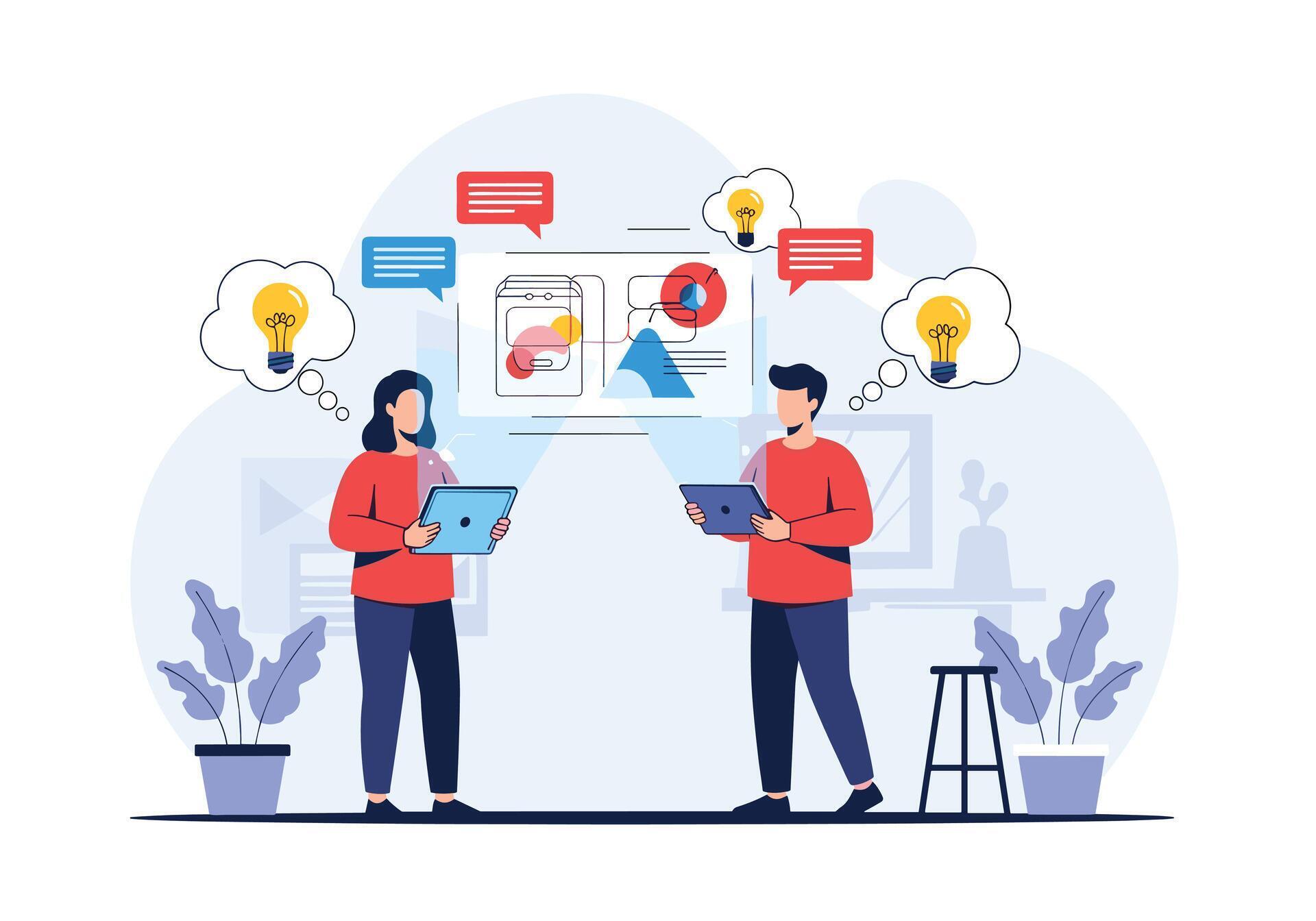 Two colleagues collaborate using tablets and a large screen to explore ...