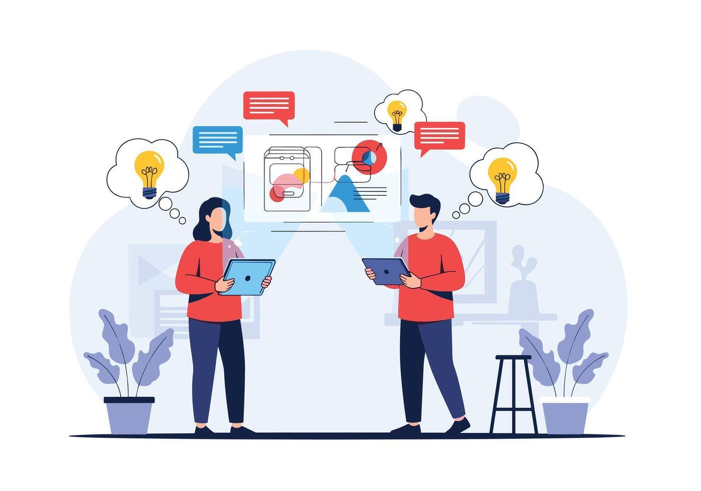 Two colleagues collaborate using tablets and a large screen to explore ...