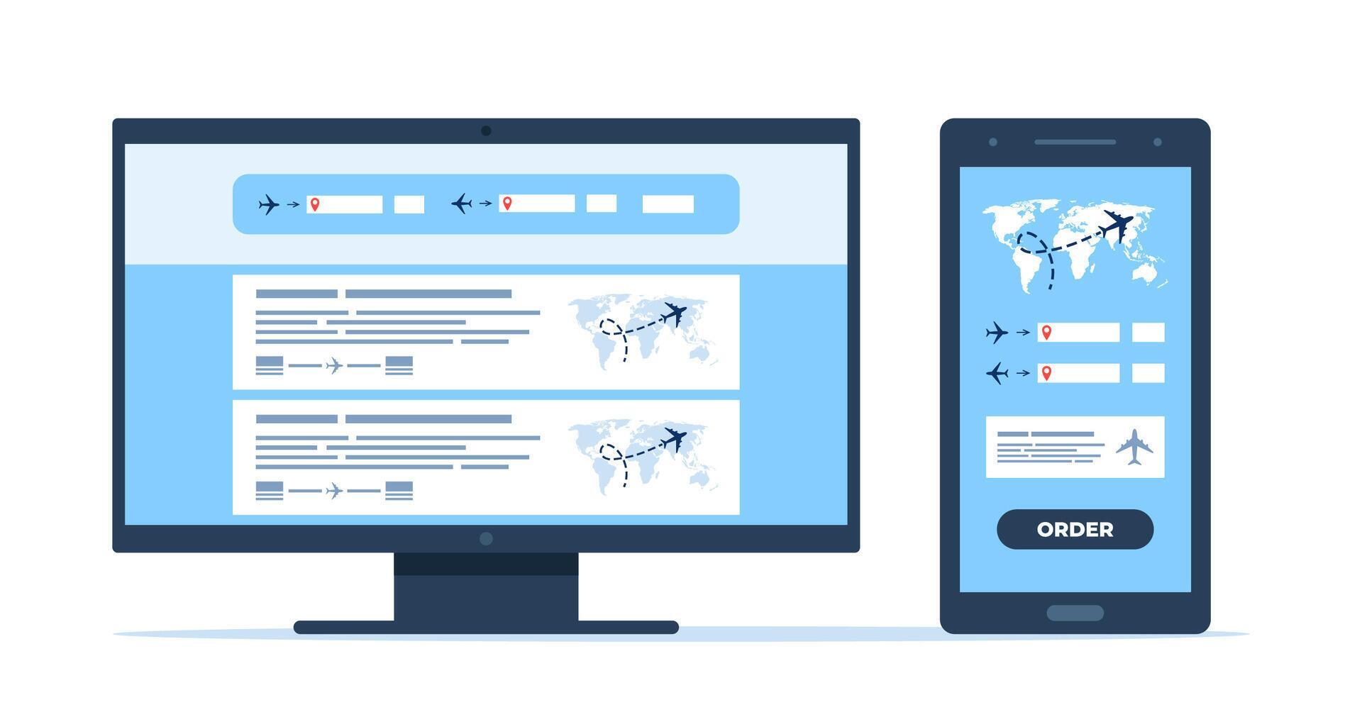 Flight search website on a computer screen and phone screen. Avia sale ...