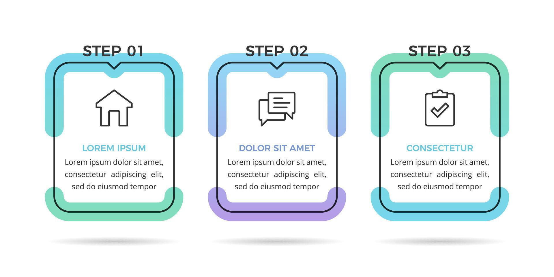 Horizontal three step process infographic layout with rectangular ...