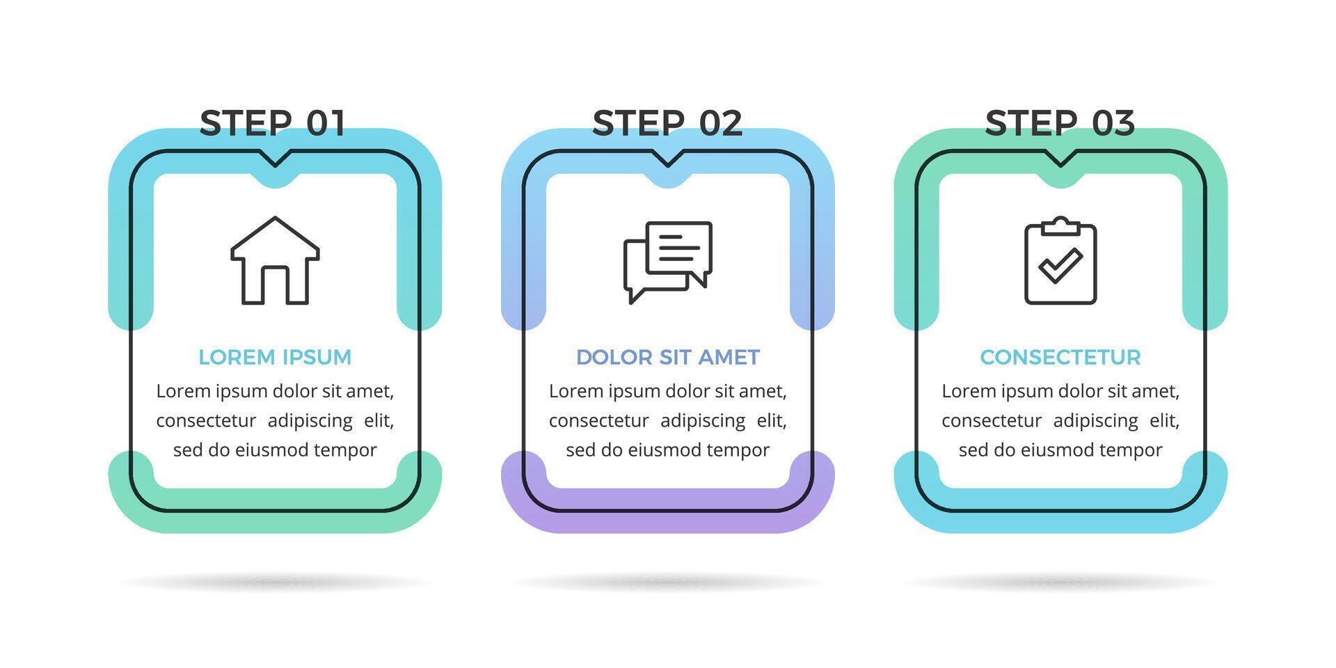 Horizontal three step process infographic layout with rectangular ...