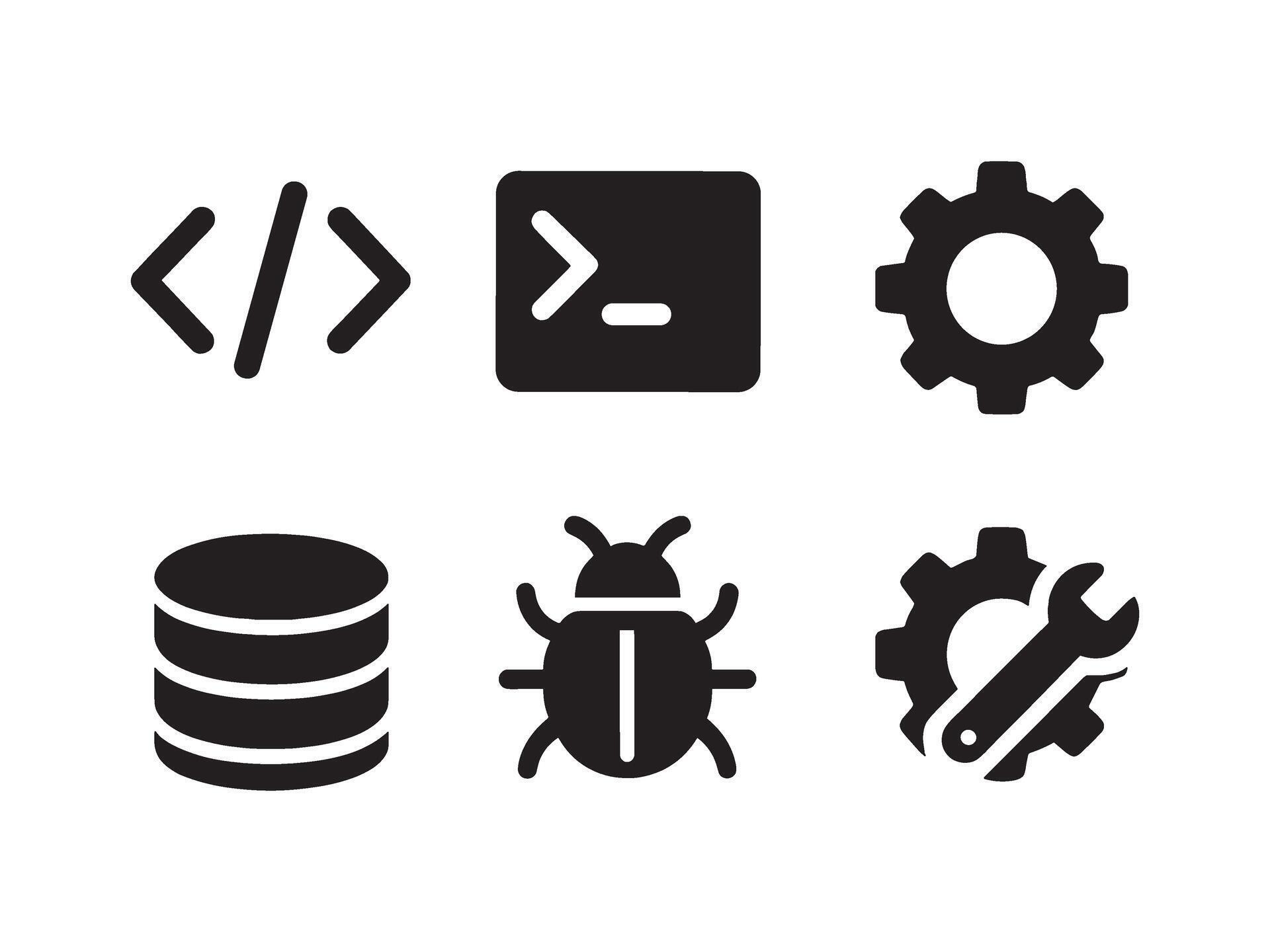 Software Development and Programming Icons with Code, Database, Bug ...