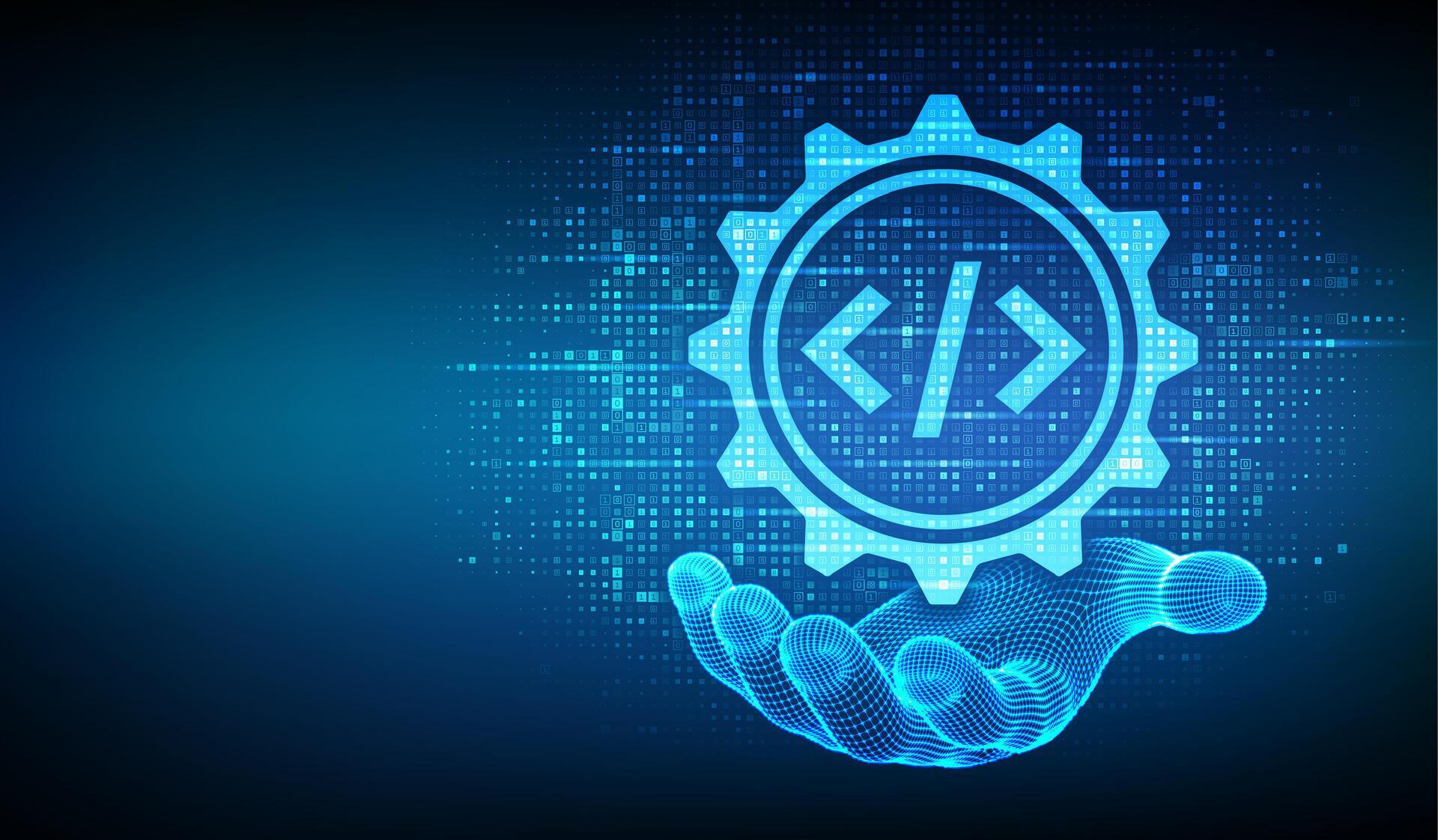 Software development icon made with binary code in wireframe hand ...