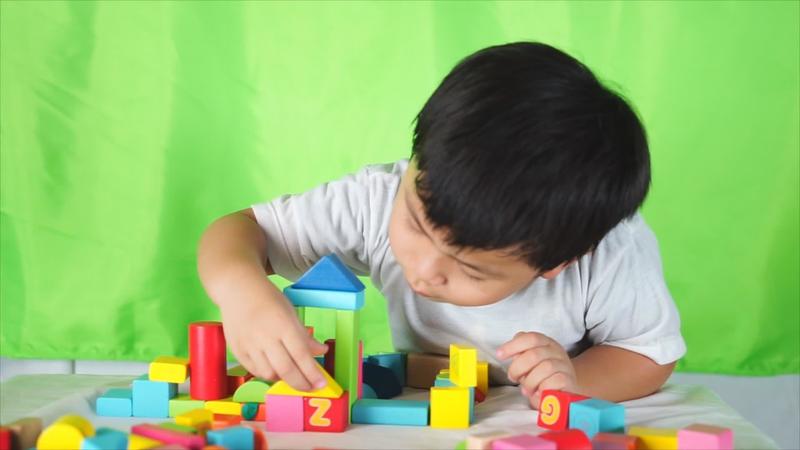 Cute Boy Playing With Wooden Blocks