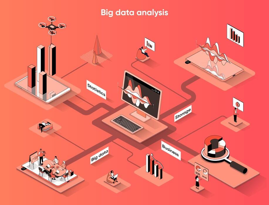 Big data analysis concept in 3d isometric design. User making marketing ...