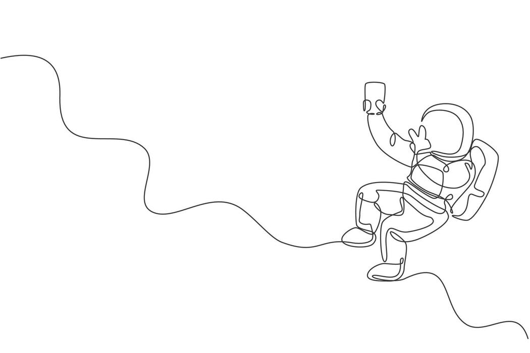 Single Continuous Line Drawing Of Floating Science Astronaut In Spacewalk And Sitting On Full