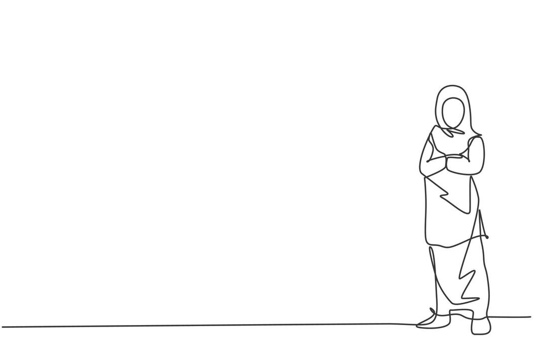 Single one line drawing of young Arabian business woman standing above ...