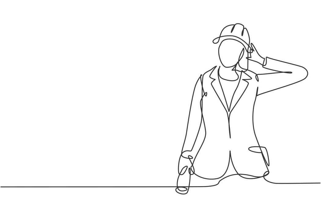 Continuous One Line Drawing Female Architect With A Gesture Of Raising