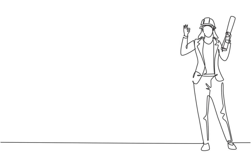 Continuous One Line Drawing Female Architect With A Gesture Of Raising