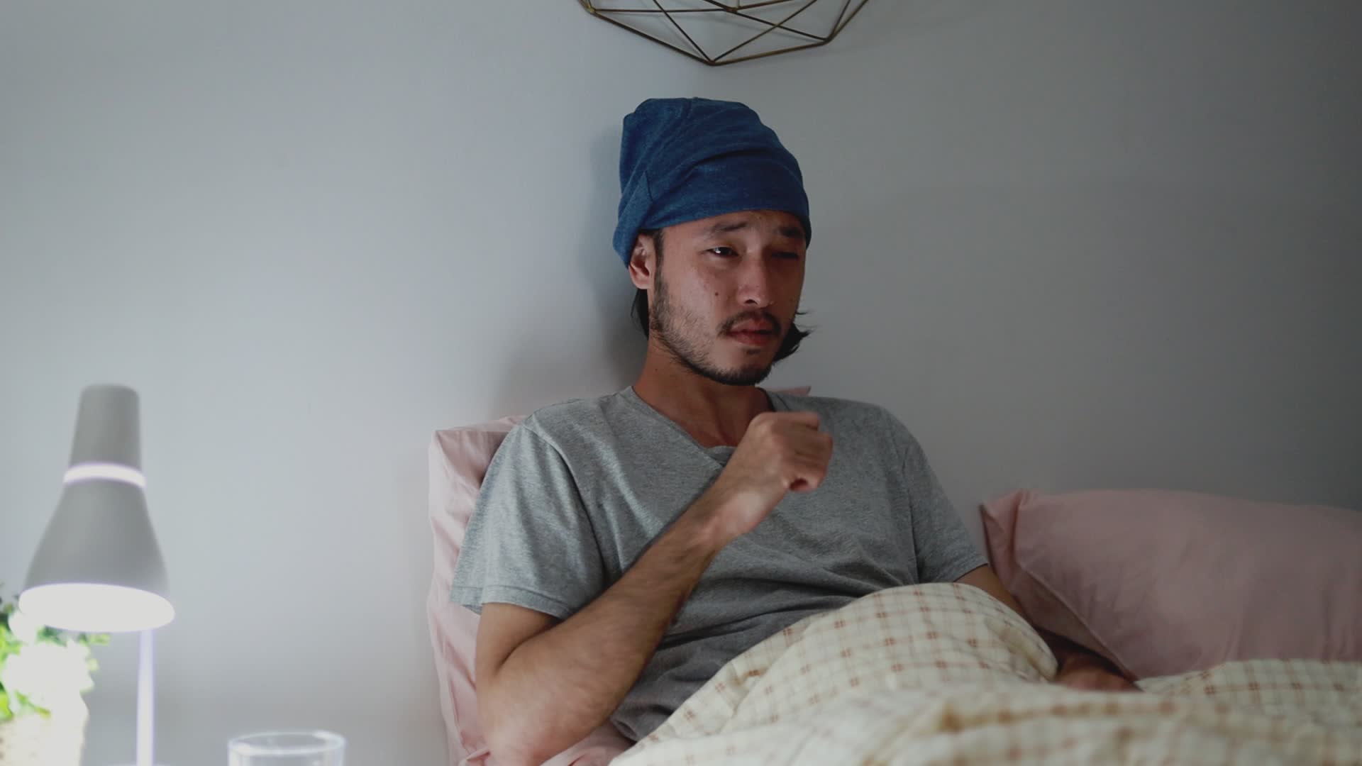 Asian Man Cough And Drink Water While In The Bedroom At Home Young Man