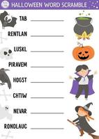 Vector Halloween word scramble activity cards. English language game ...