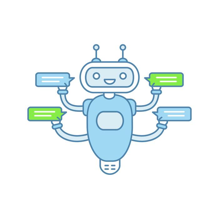 Chatbot with four speech bubbles app icon. UI UX user interface. Talkbot chatting to several ...