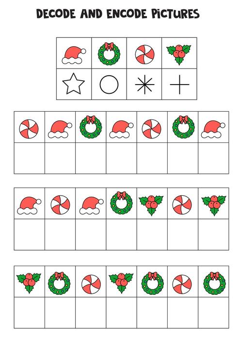 Decode and encode pictures. Write the symbols under cute elements ...