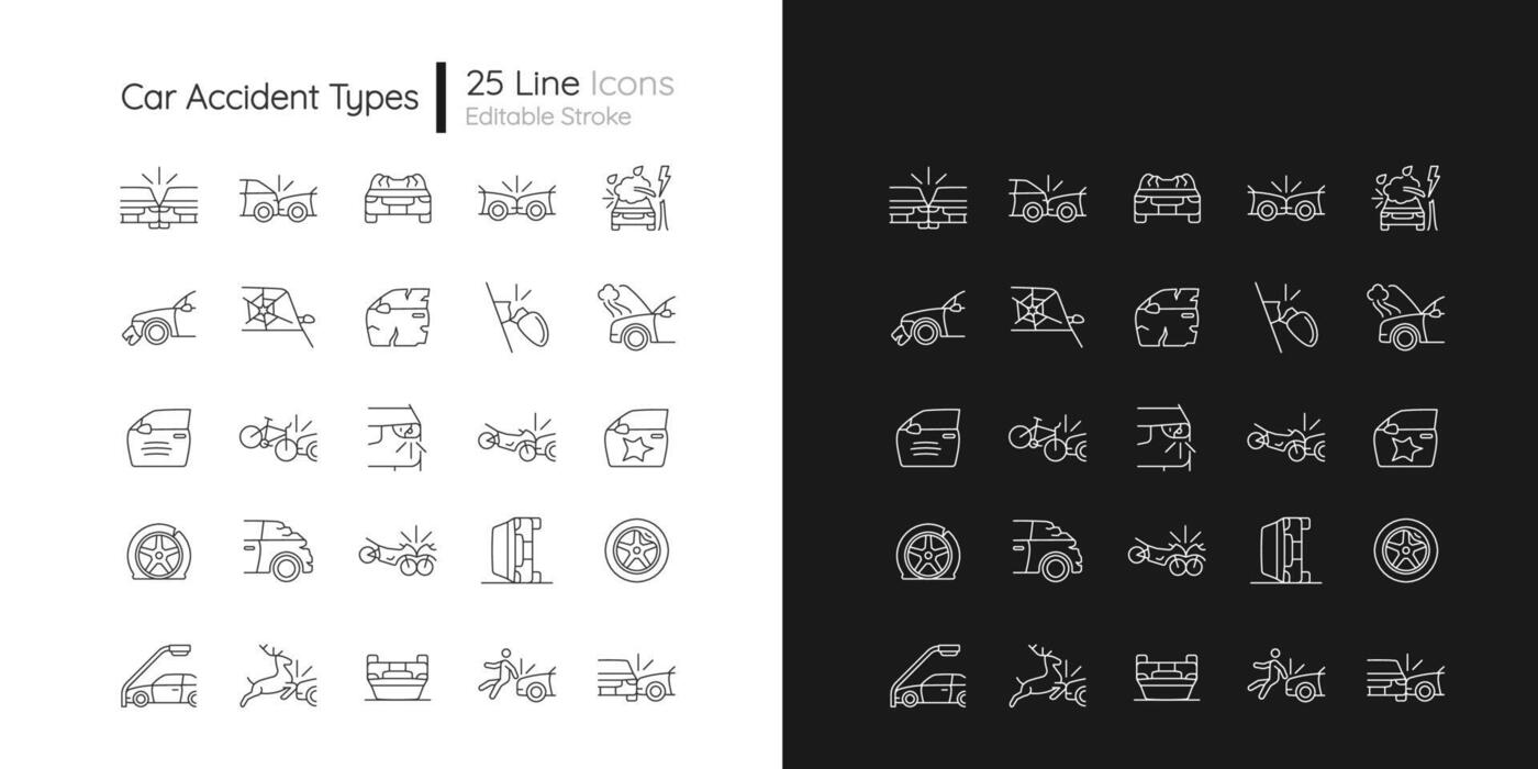 Vehicle damage in car accident cases linear icons set for dark and ...
