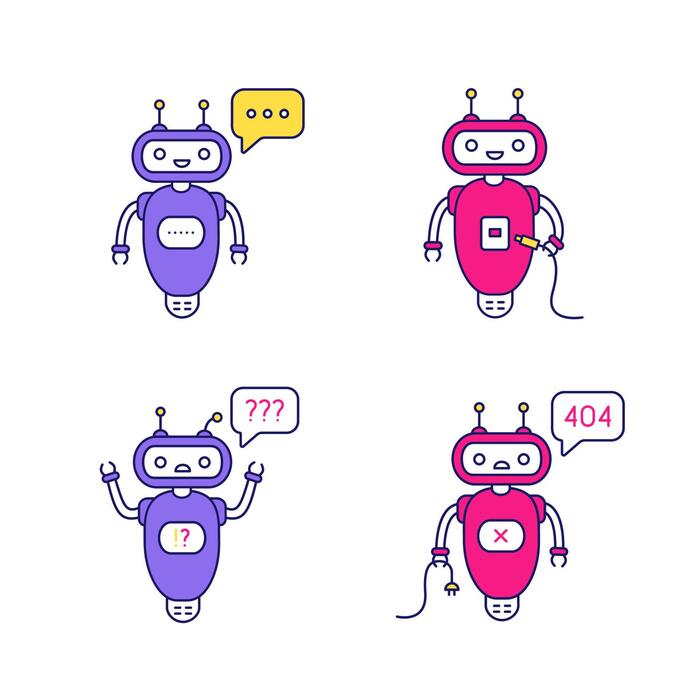 Help chatbot color icon. FAQ chat bot. Bewildered robot with question marks in speech bubble ...