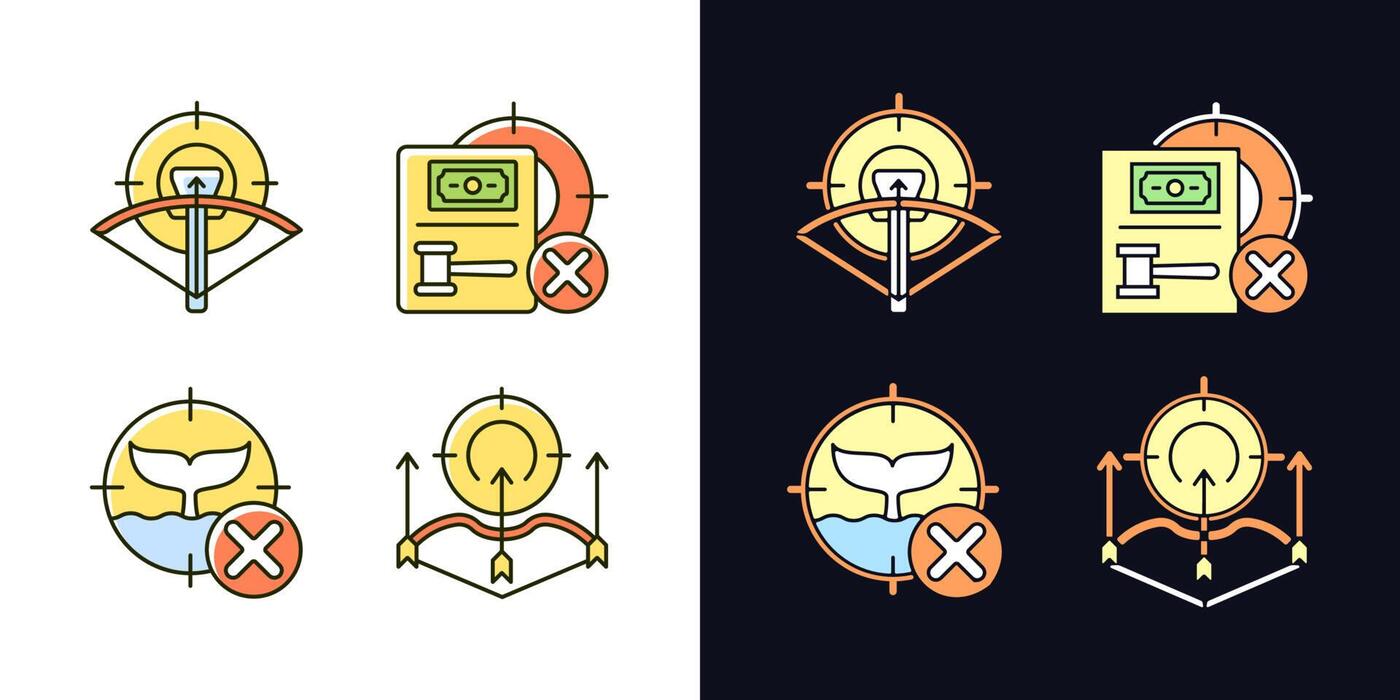 Hunting provisions and restrictions RGB color icons set. Archery. Bow ...