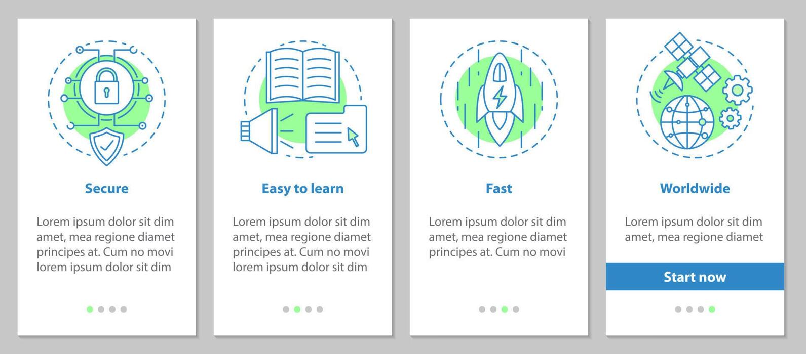 Basic language skills onboarding mobile app page screen with linear concepts. Reading, writing ...