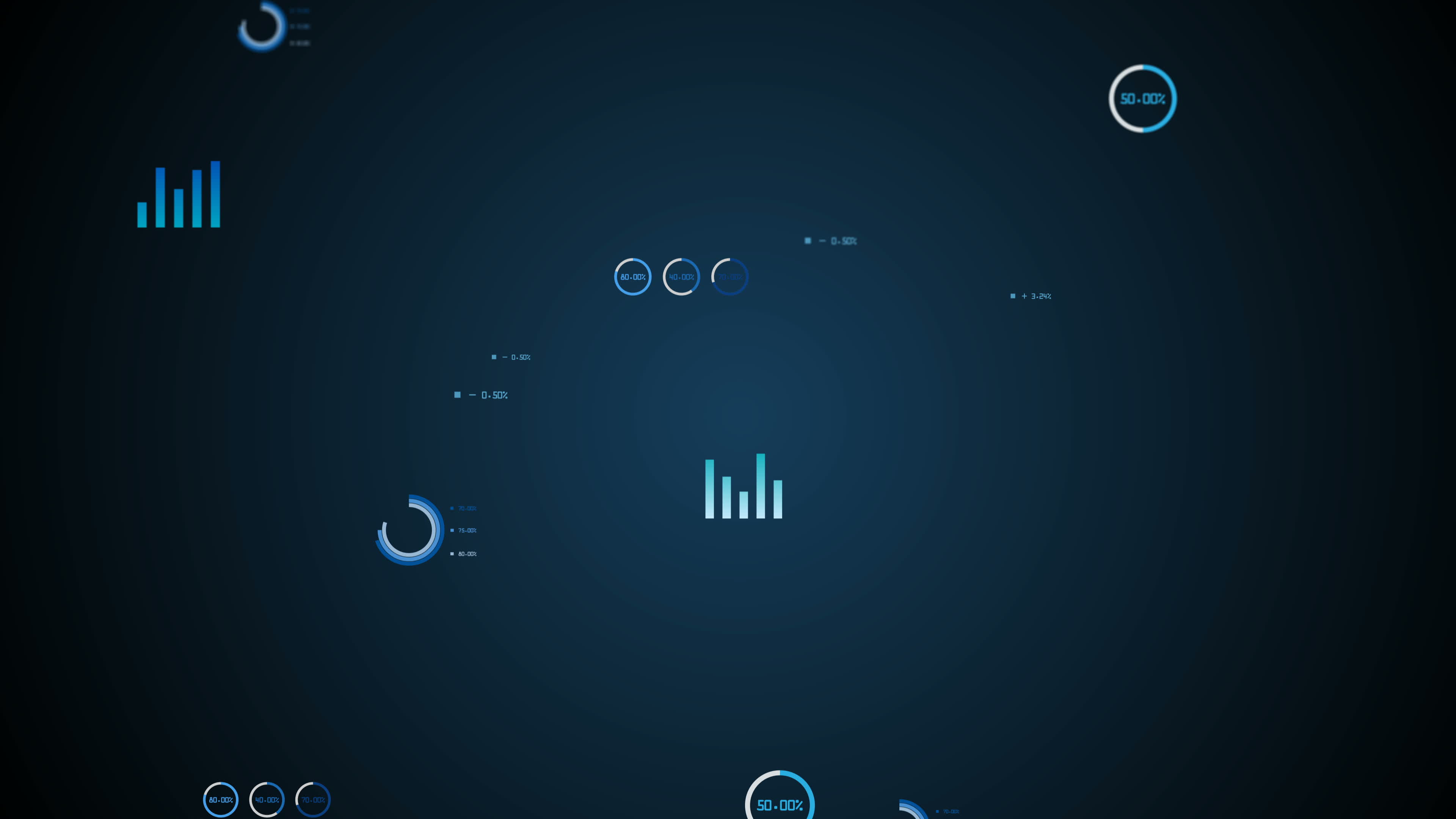 Business data visualization, in a 3D space, showing pie charts, numbers ...