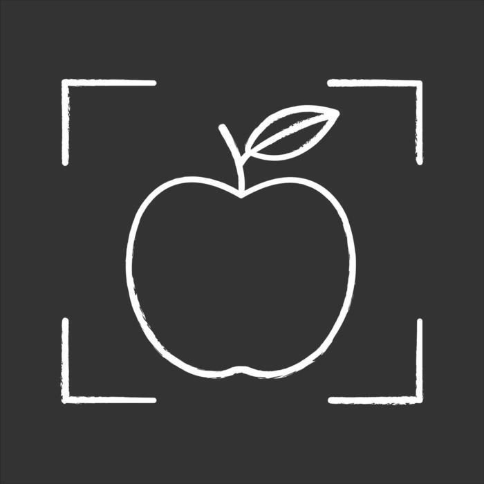 Object detection app neon light icon. Deep learning. Artificial intelligence. Apple in focus ...