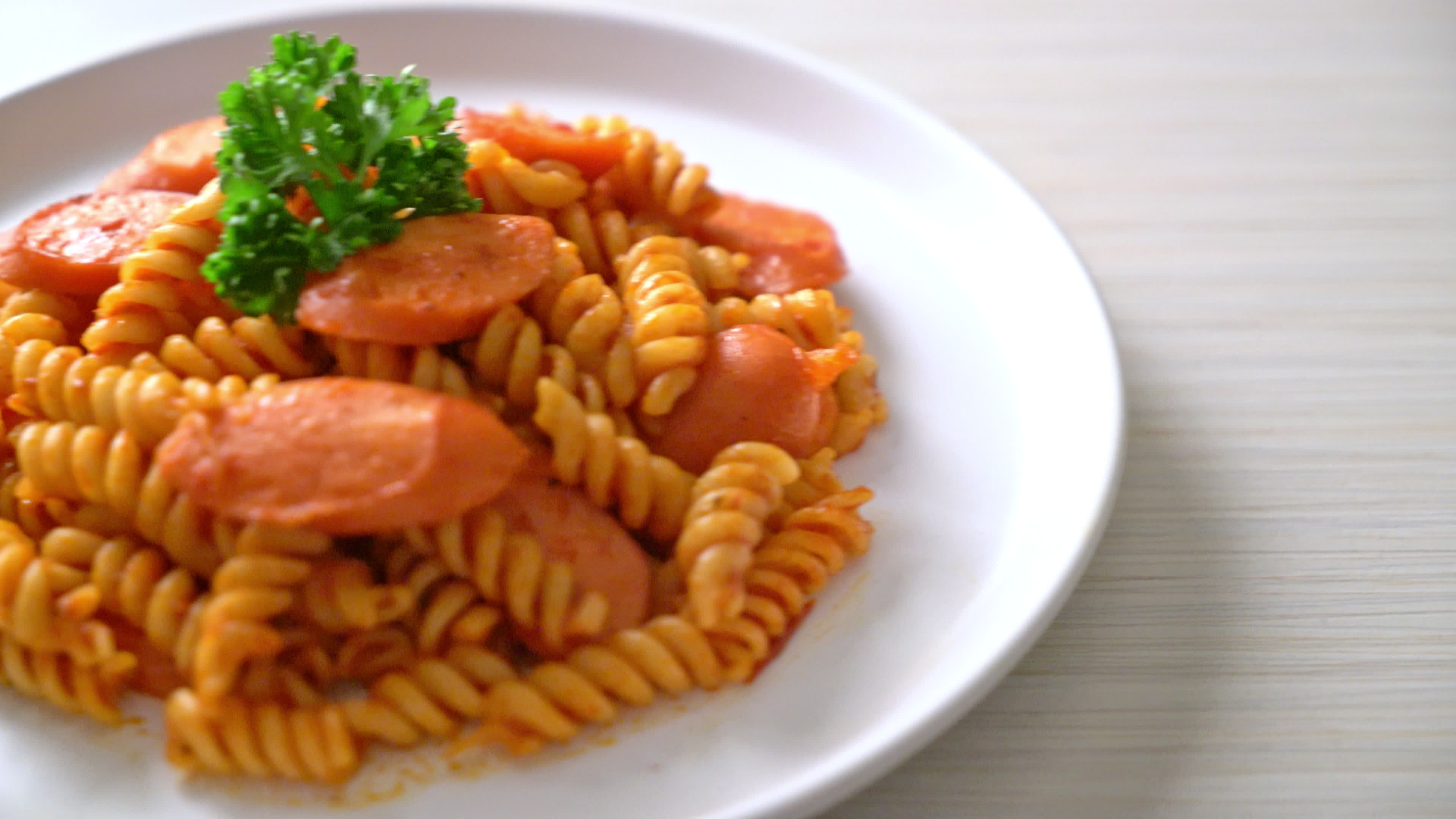 Spiral Or Spirali Pasta With Tomato Sauce And Sausage Italian Food