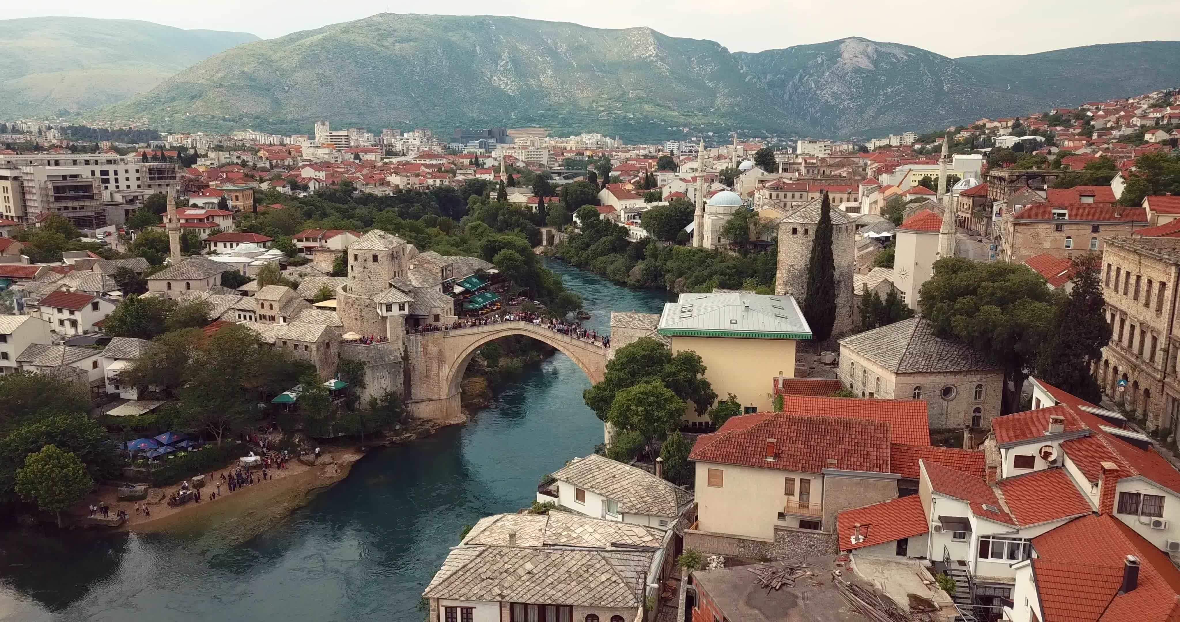 Aerial View to the Old Bridge, Stari Most in Mostar via the river Neretva, Bosnia and ...