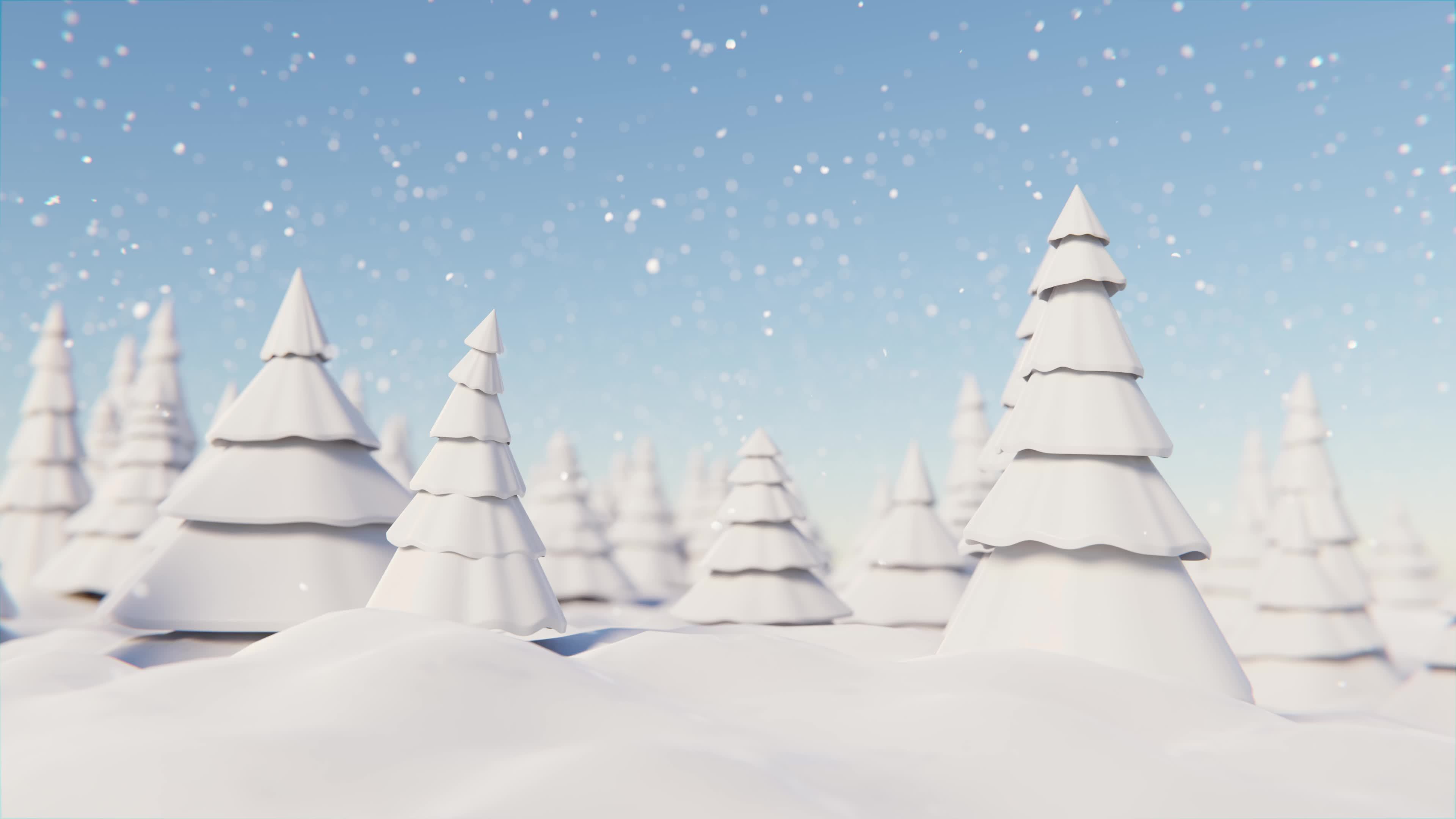 4K loop Animation. Snowflakes falling in a frozen forest with pine trees. Winter background ...