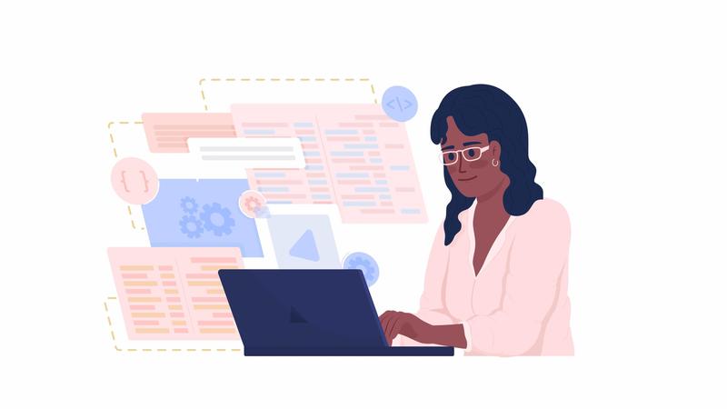 Animated female coder character. Programming job. Half body flat person 4k video footage with ...