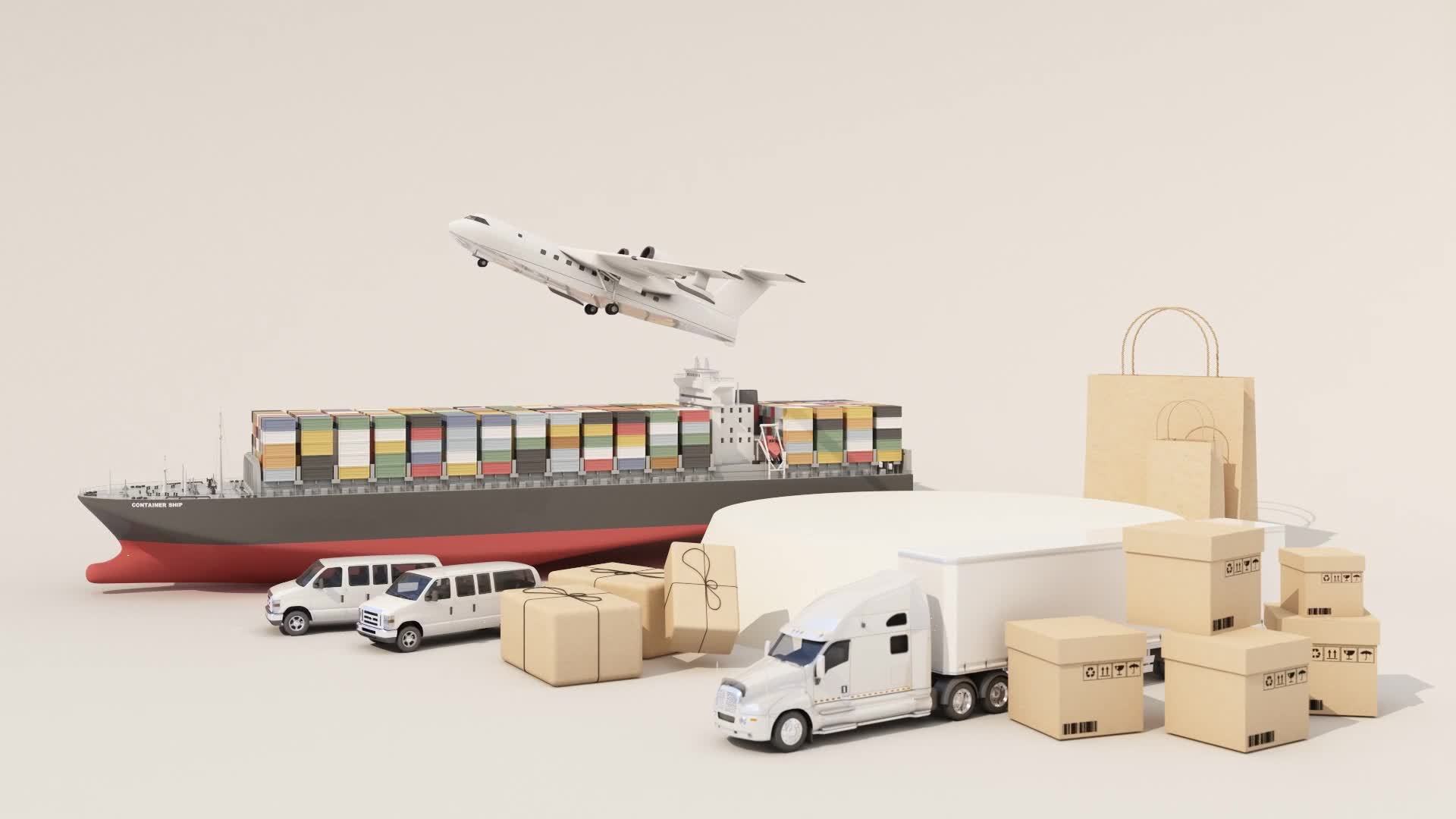 international transport shipping concept podium product stand surrounded by cardboard boxes, a ...