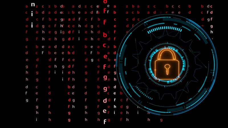 Quantum cryptography security lock matrix technology hexagon wire animation on the black screen ...