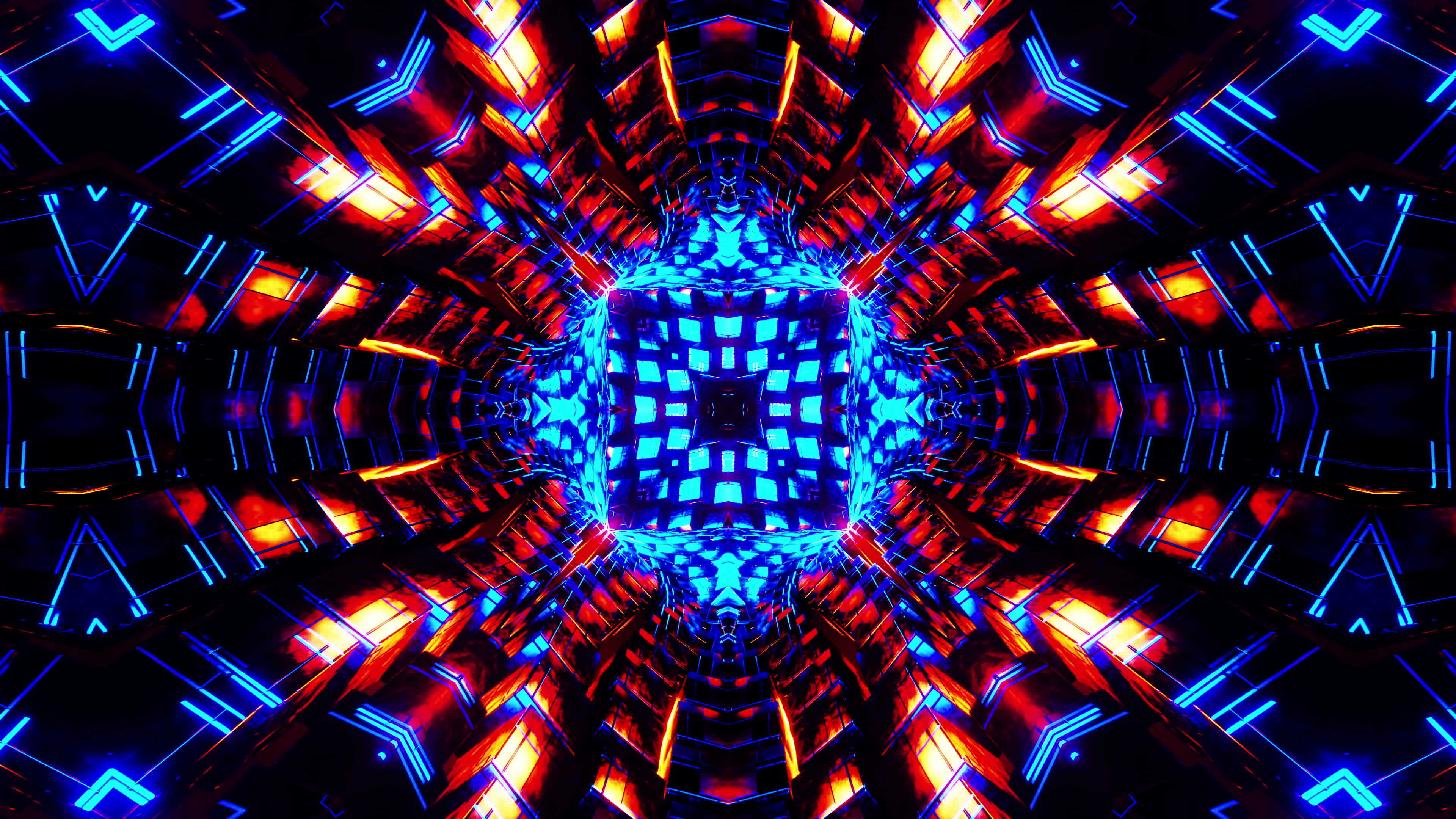 Flying Through A Tunnel Of Blue And Orange Metal Cubes Kaleidoscope Vj