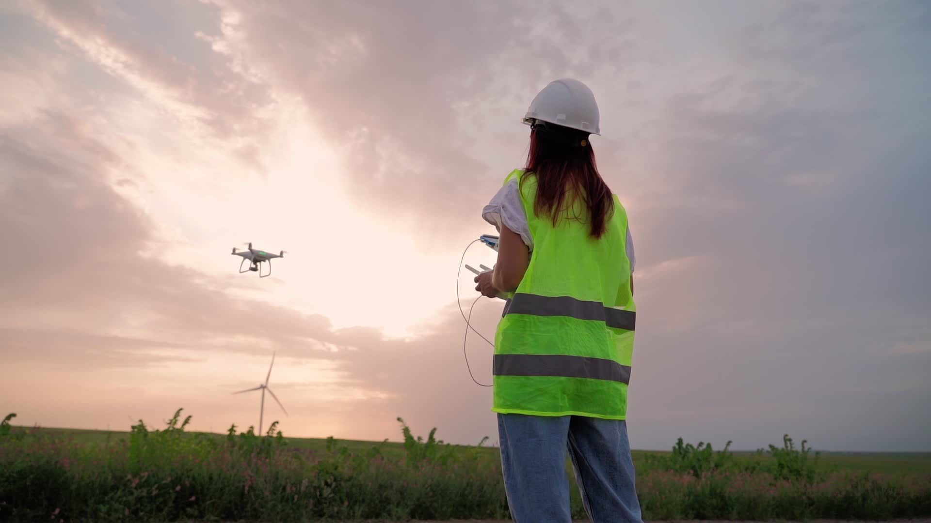 Woman Ecology Engineer In Uniform And Helmet Holding Joystick