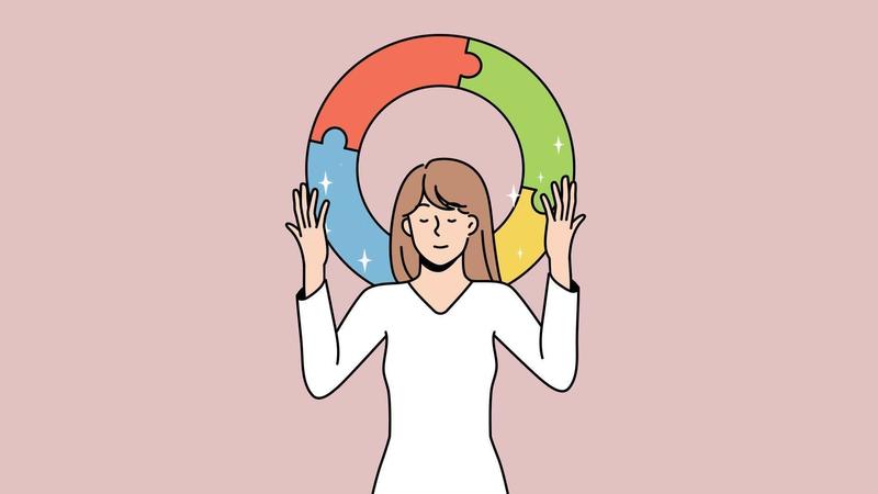 Happy businesswoman have puzzle connected solve business problem ... Happy businesswoman have puzzle connected solve business problem ...
