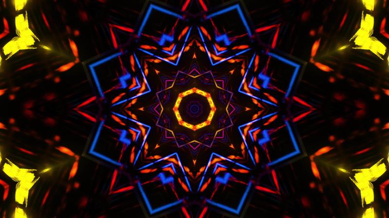 Flying in a tunnel with flashing blue fluorescent lights. Kaleidoscope Infinitely looped ...