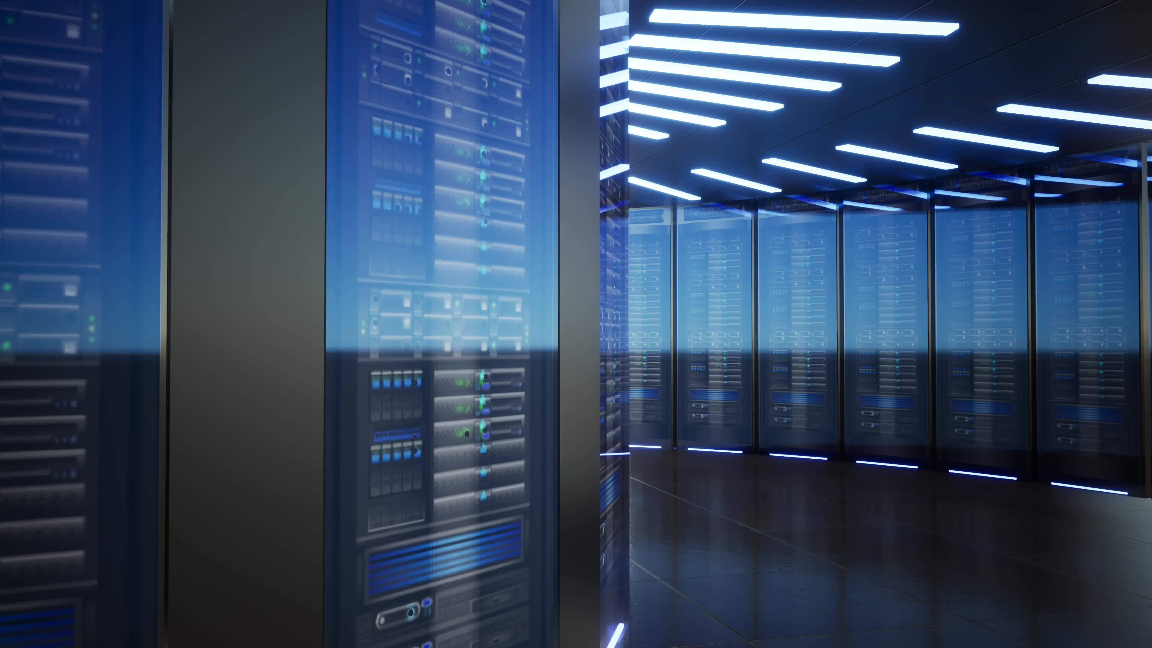 Network and data servers behind glass panels in a server room of a data ...