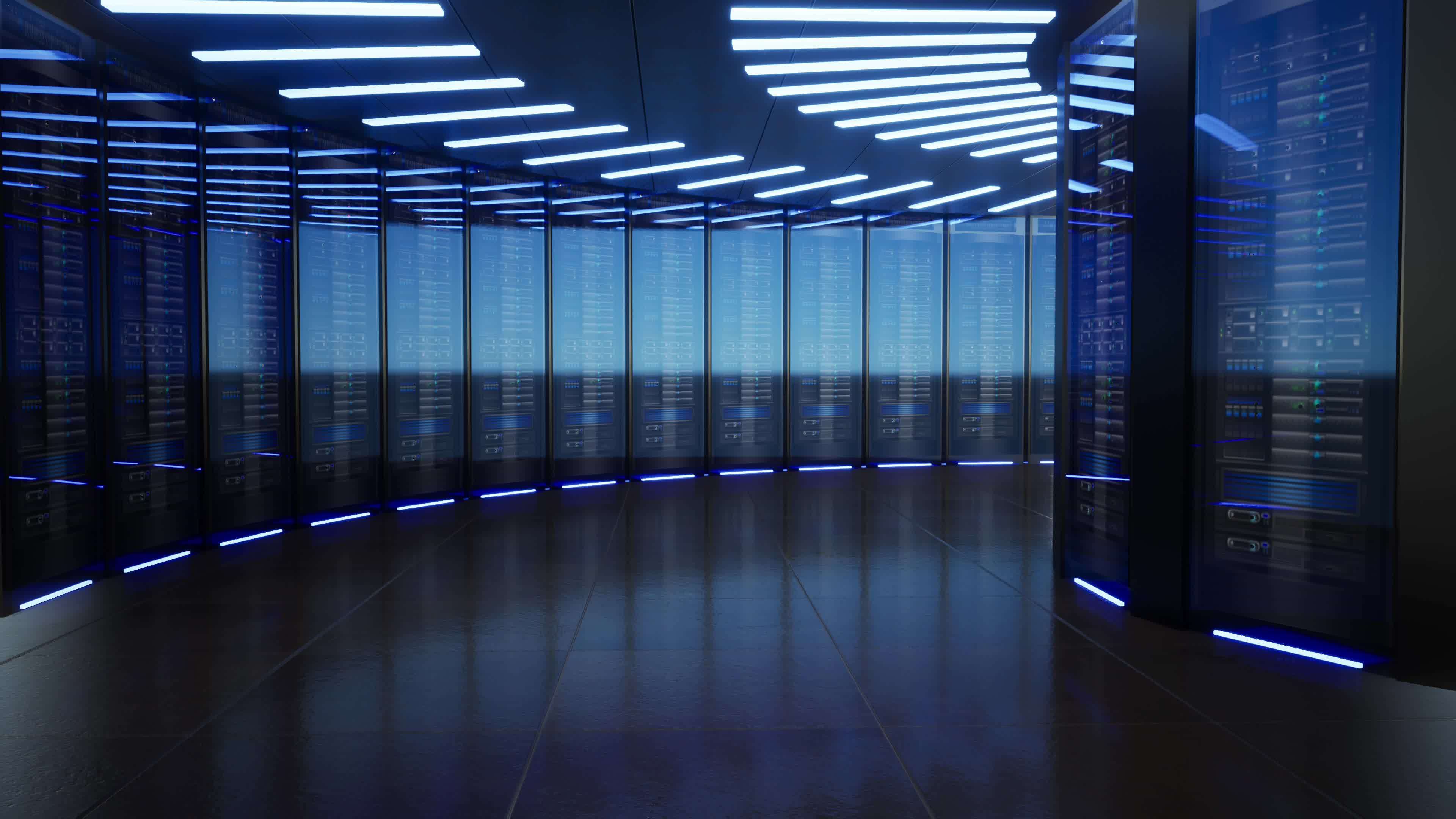 Network and data servers behind glass panels in a server room of a data ...