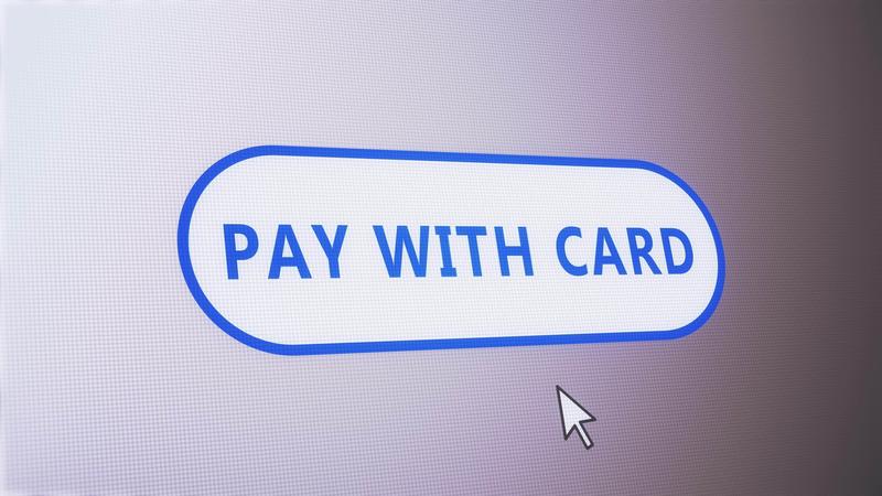 Pay with card button pressed on computer screen by cursor pointer mouse.Concept of ecommerce ...
