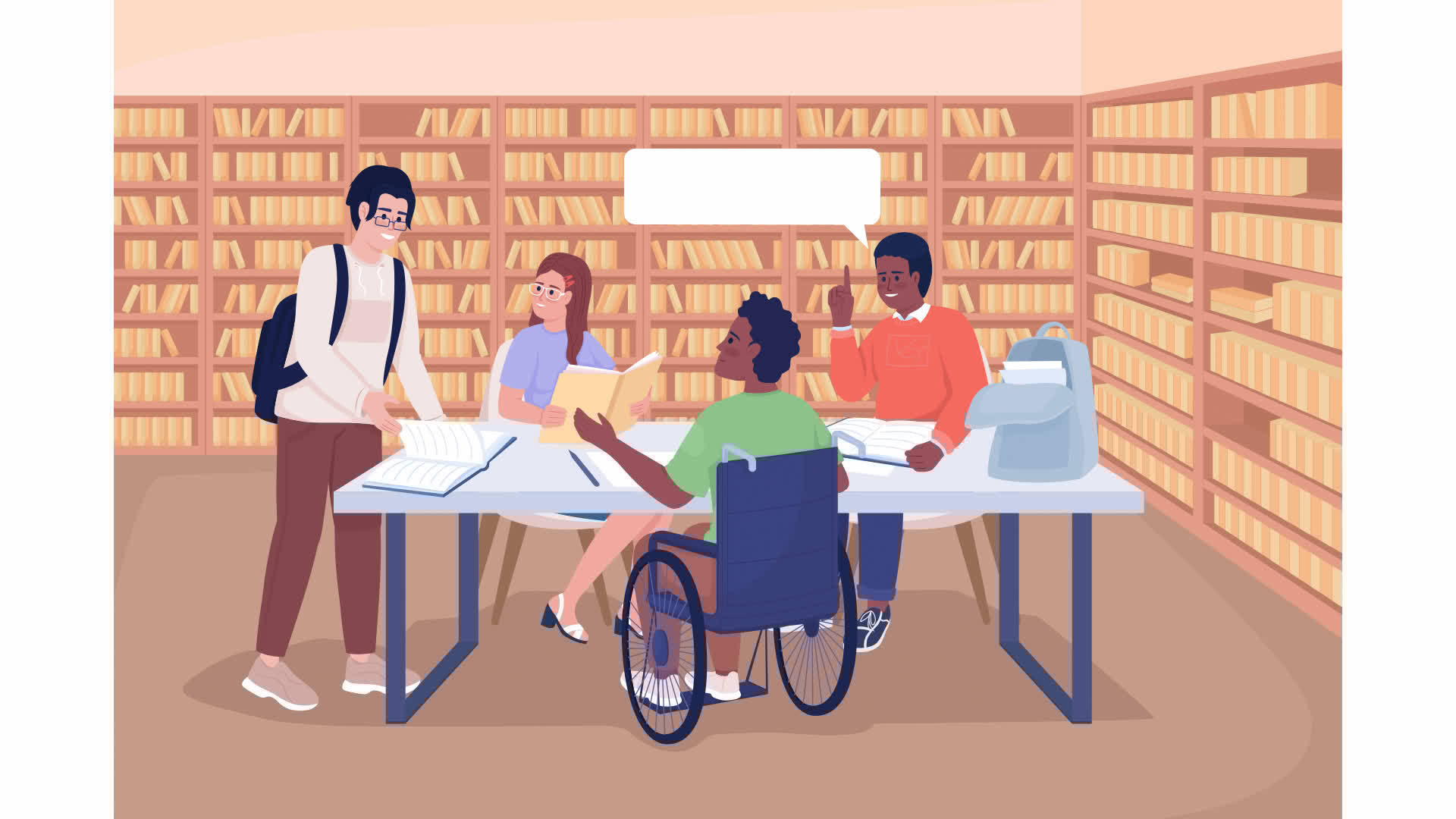 Animated group project illustration. Studying at library with friends ...