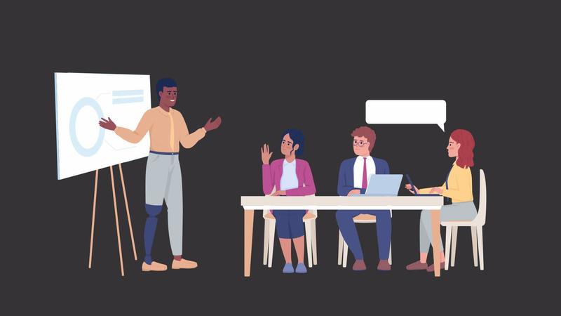 Animated corporate event characters. Disabled in workplace. Full body ...