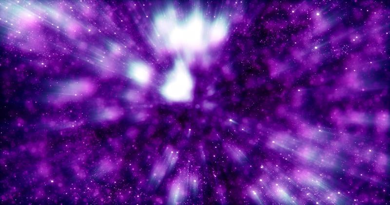 Purple and blue beautiful bright glowing shiny star particles flying in the galaxy in space ...