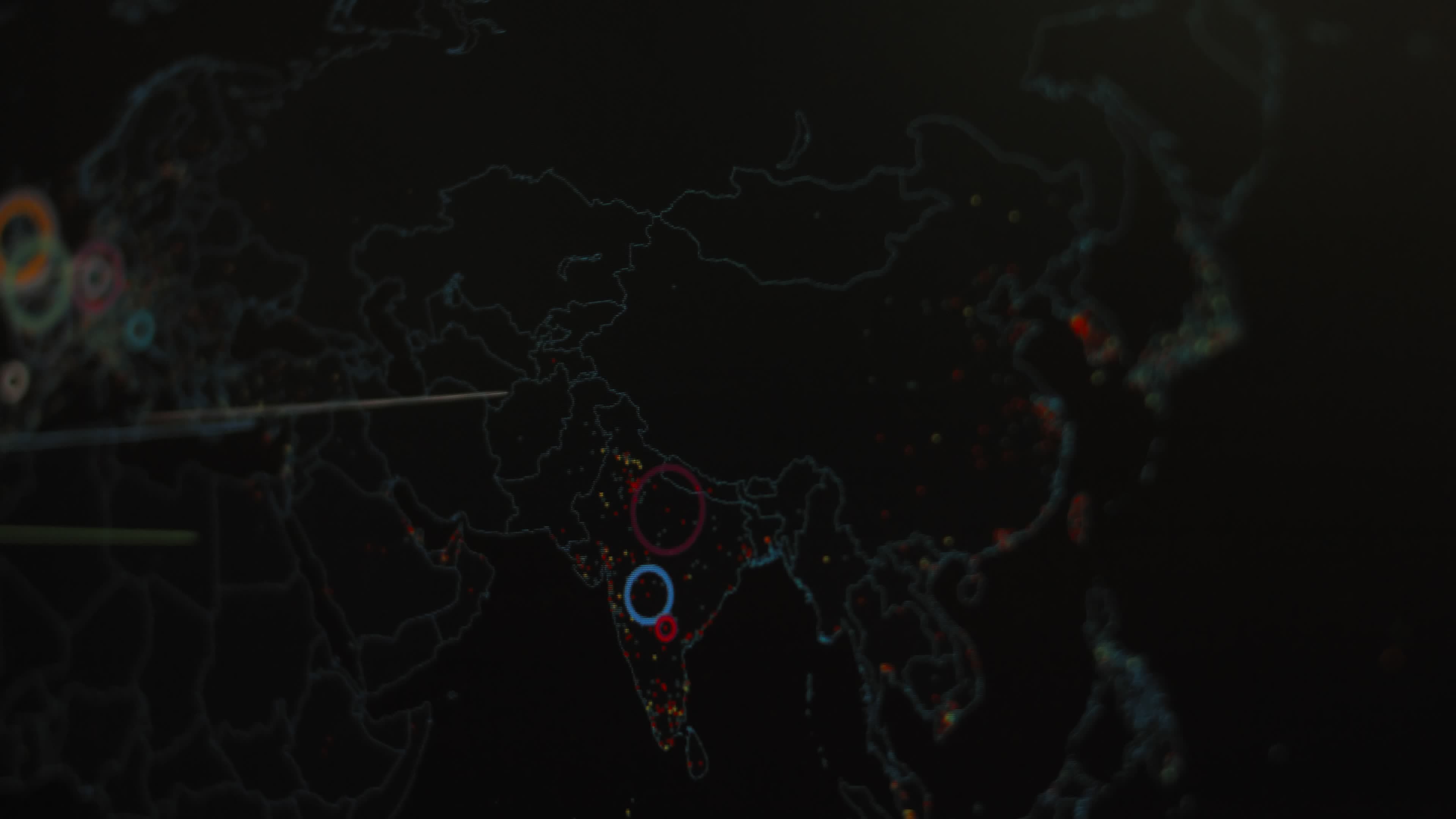 World map with different targets for cyber attack. Hacking and technology concept. Macro ...