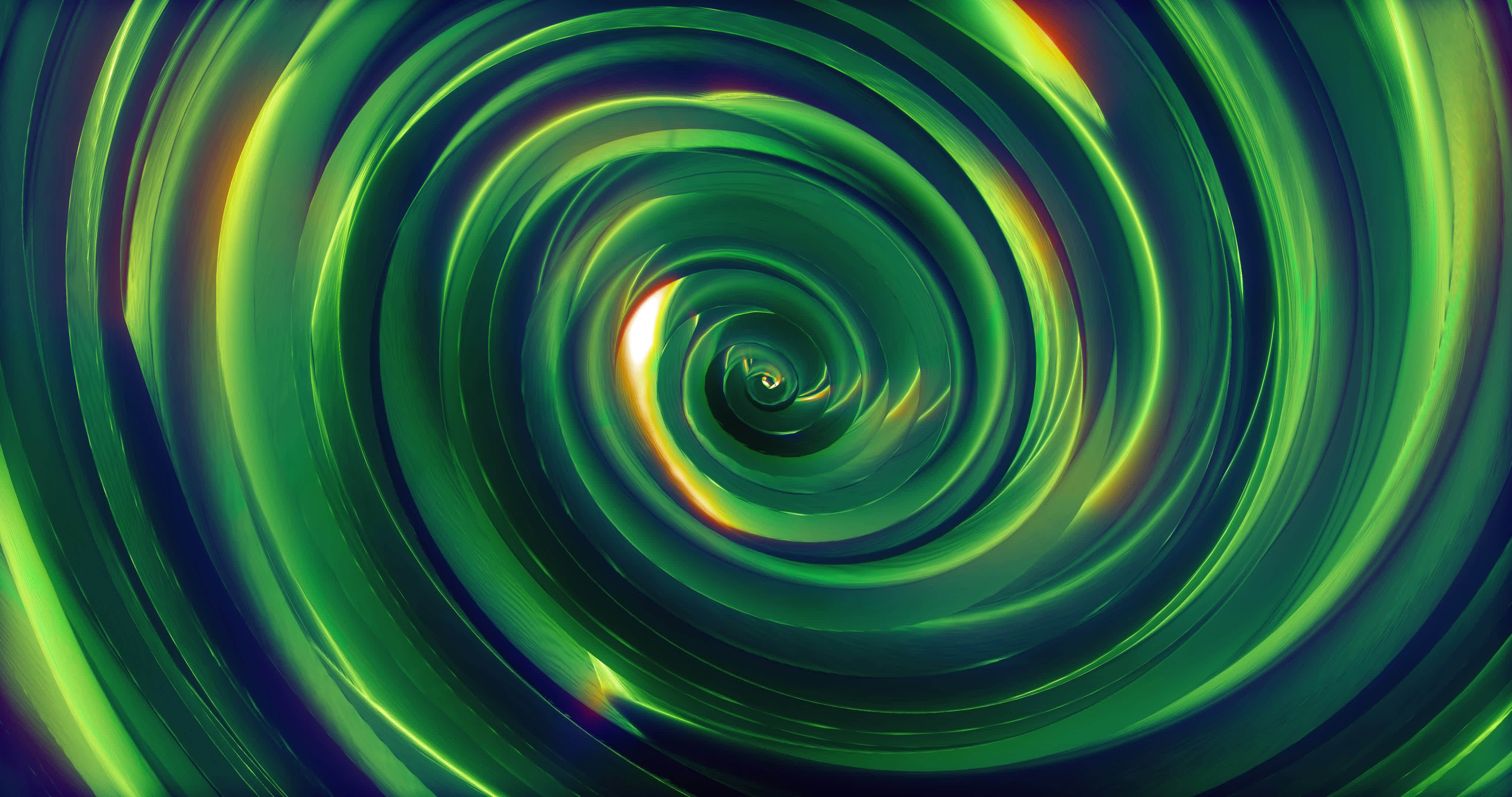 Abstract background with green swirling funnel or swirl spiral made of bright shiny metal with ...
