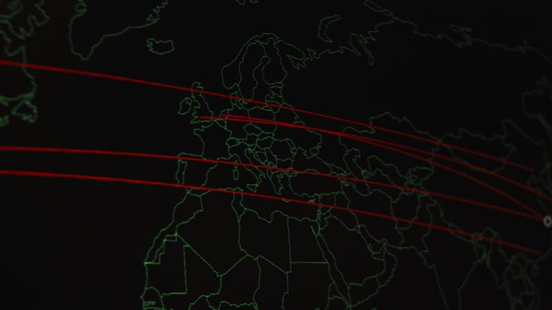 World map with different targets for cyber attack. Hacking and technology concept. Macro ...