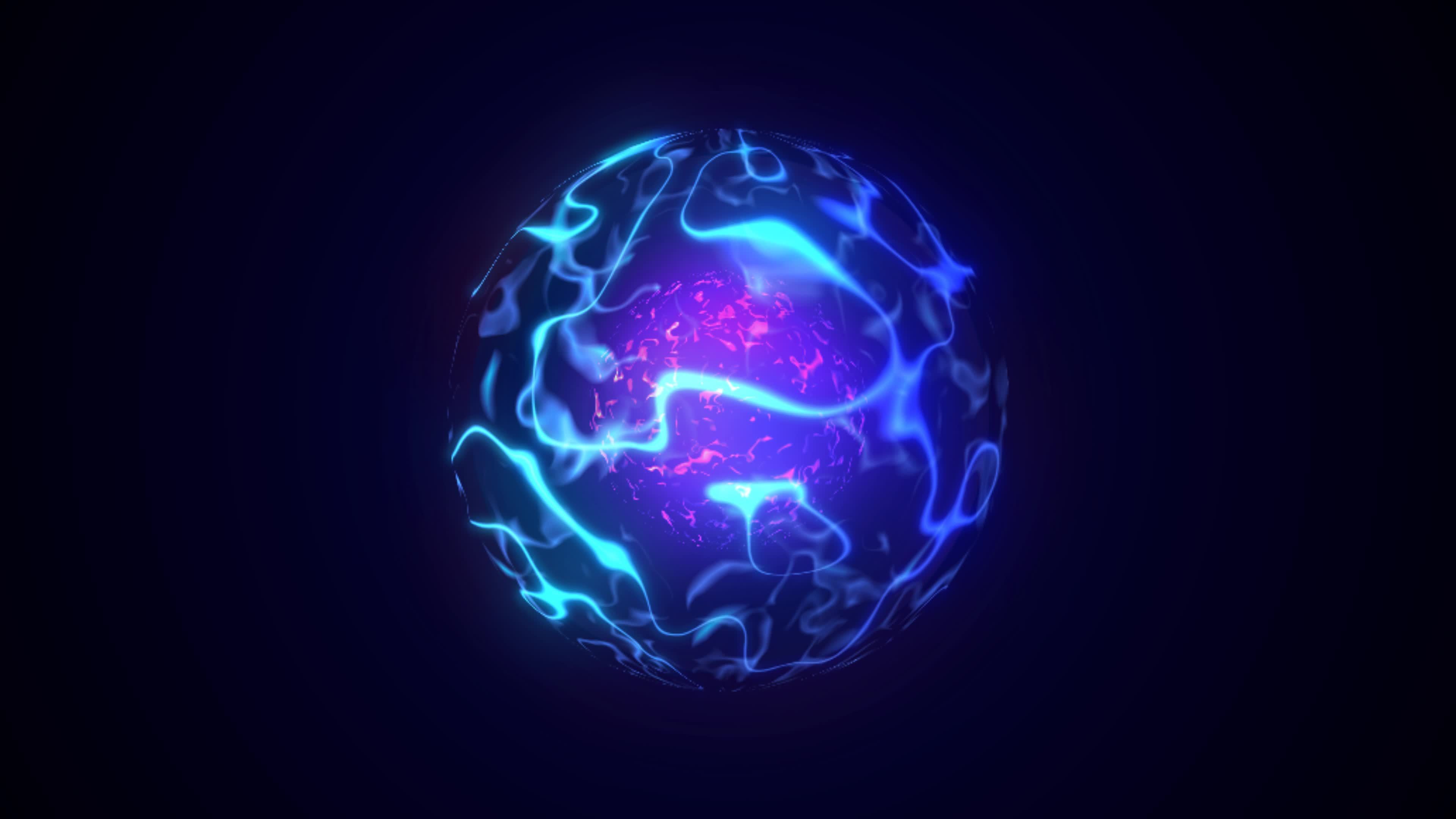 A round blue planet with a molten core in the center in space, a star sphere with an energy ...