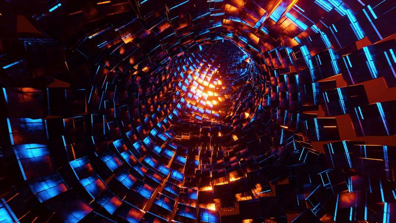 Flying Through A Tunnel Of Blue And Orange Metal Cubes Infinitely