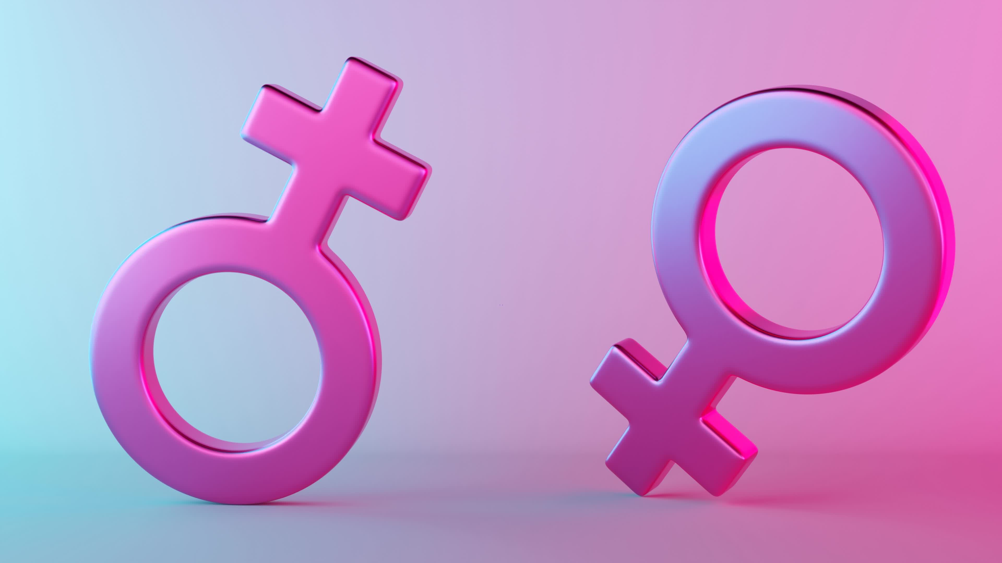 Two Female Sex Symbols With Heart And Neon Light Venus Symbol For
