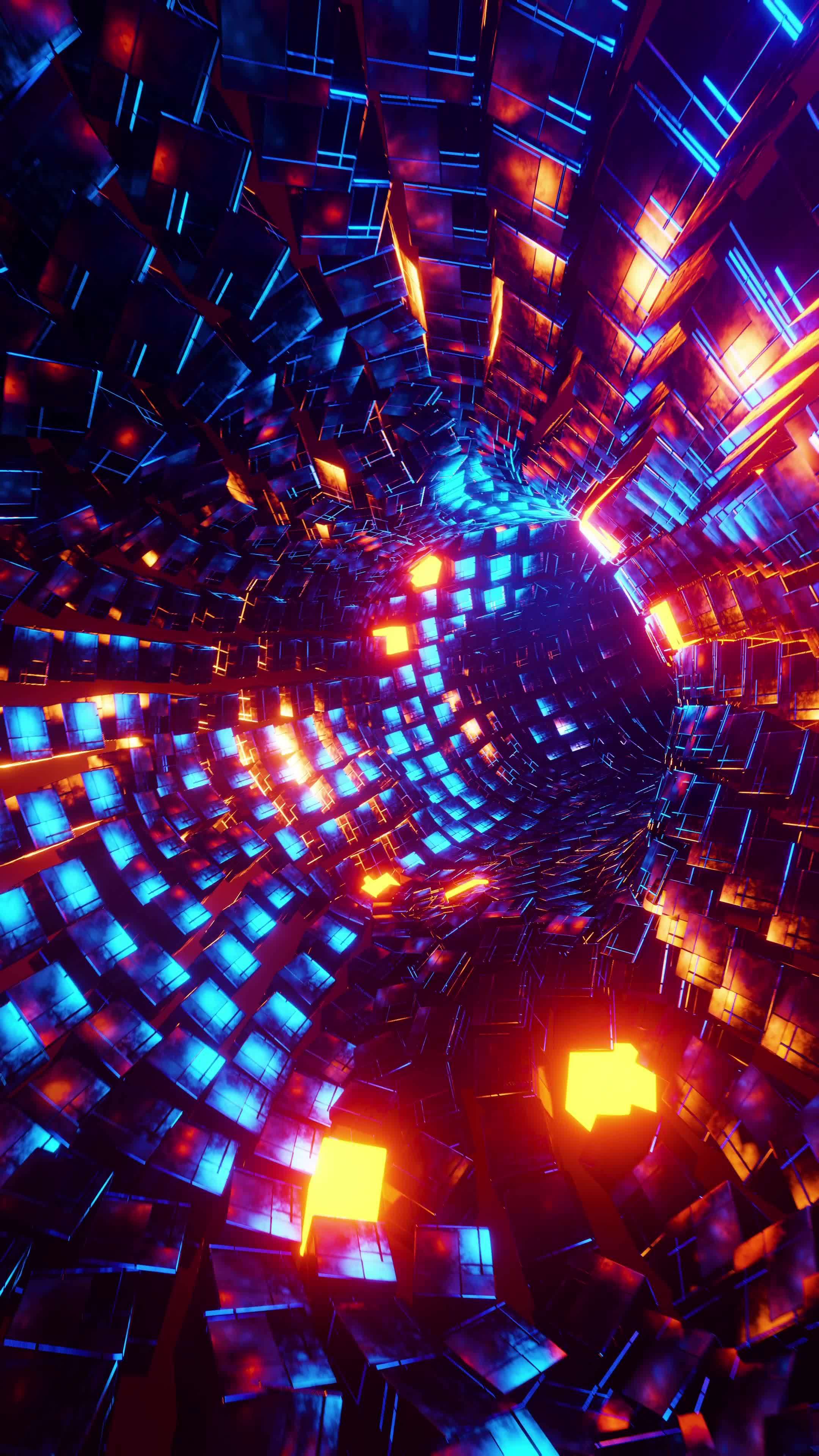 Flying Through A Tunnel Of Blue And Orange Metal Cubes Vertical Looped