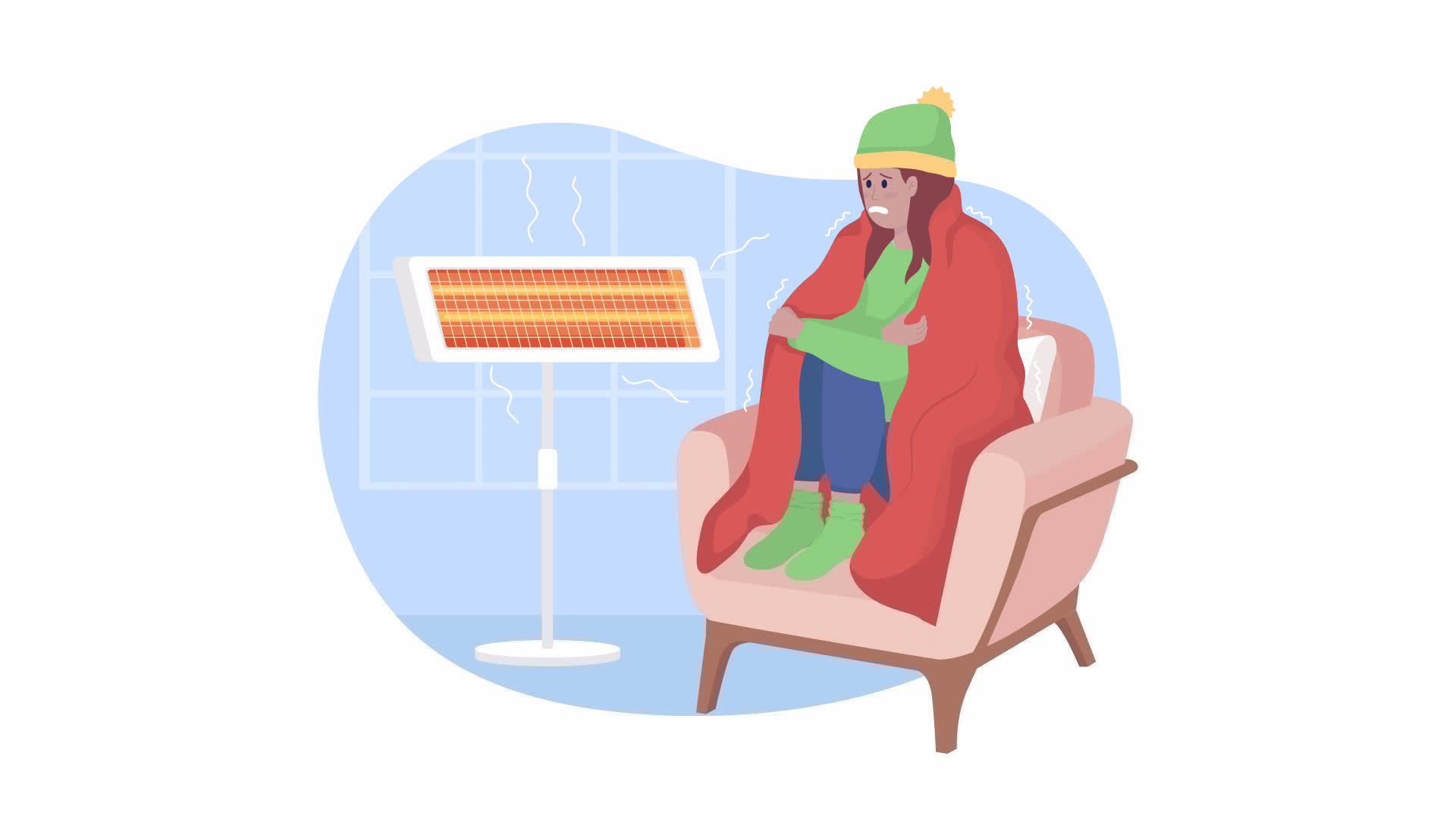 Animated cold home. Looped flat 2D character HD video footage. Low temperature colorful isolated ...