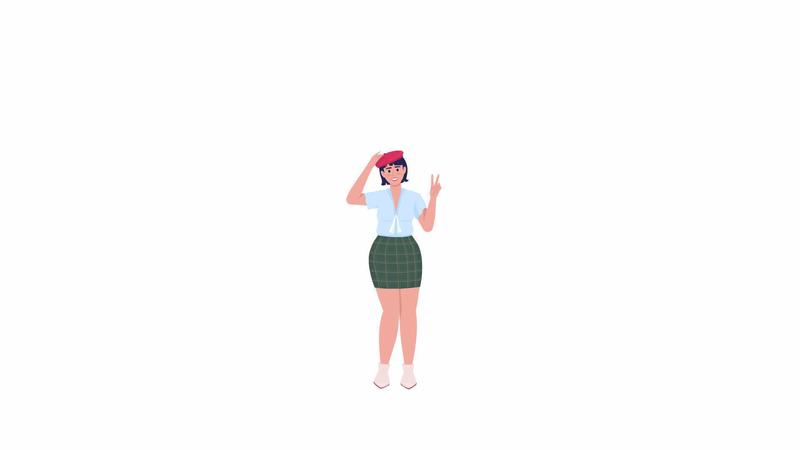 Animated french girl. Female character with peace hand gesture. Full ...