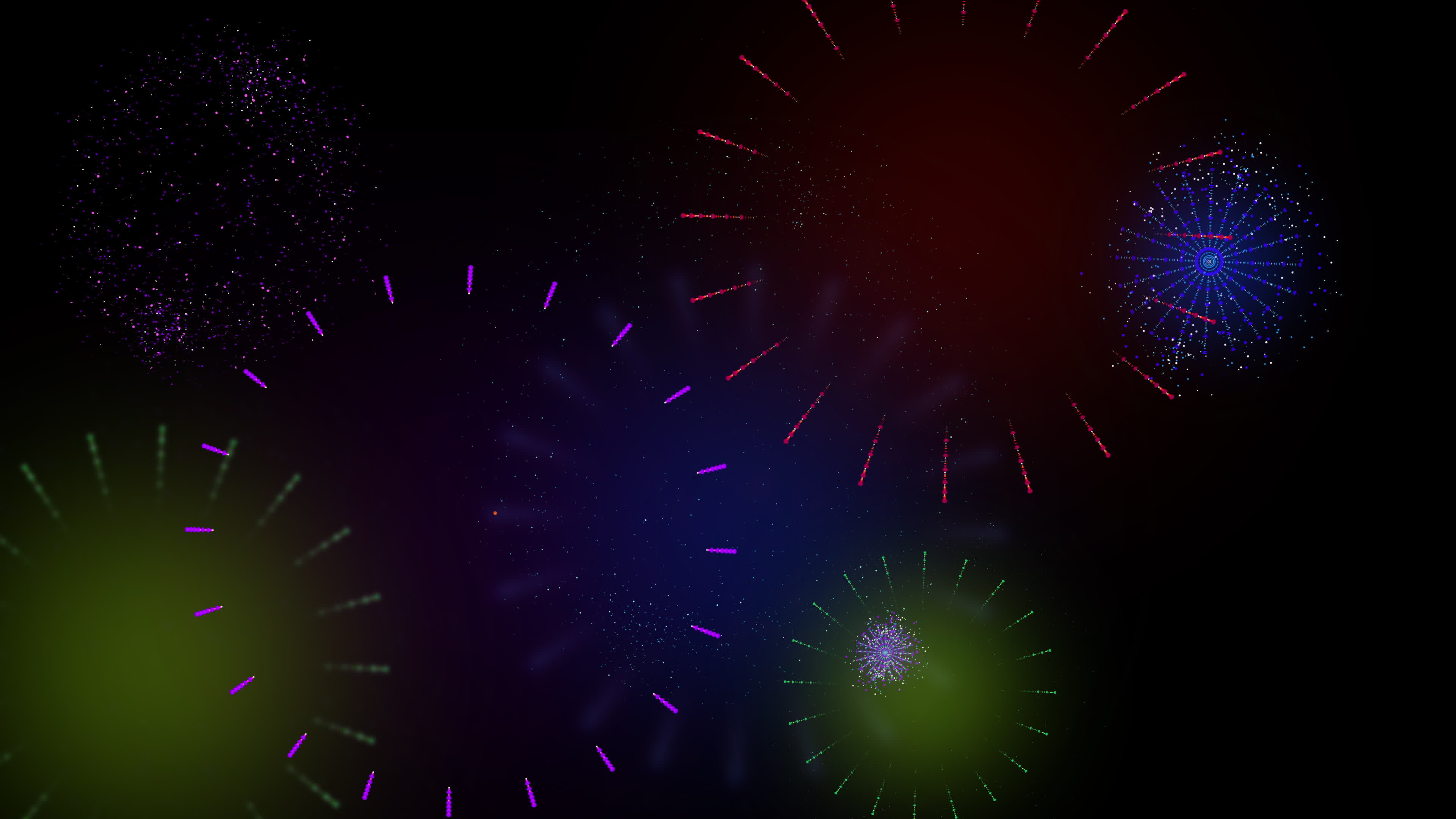 New Year greeting card. Group of blue, purple, red, green and orange colored fireworks exploding ...