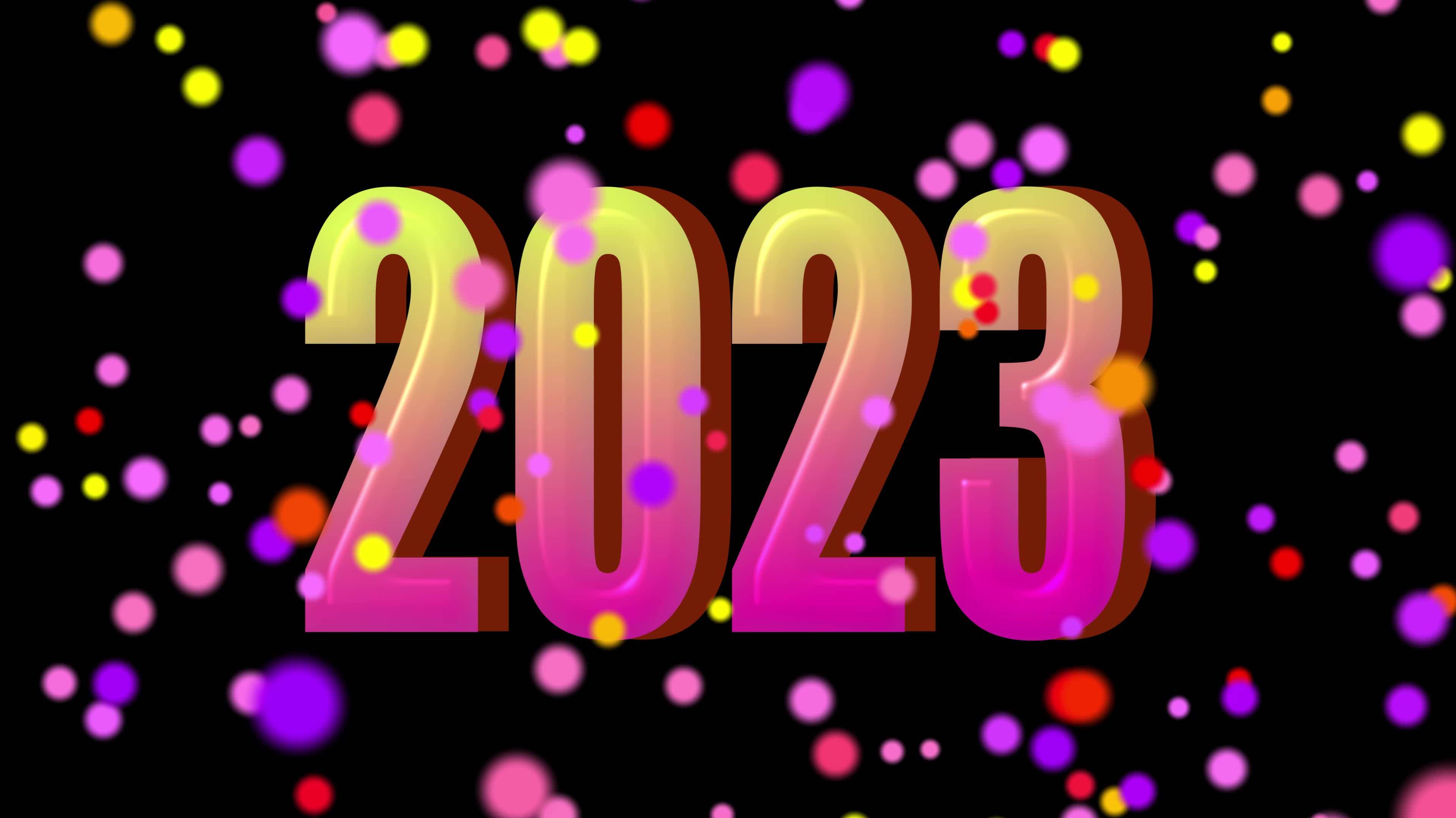 text 2023 animation and flying Christmas balls isolated on black ... text 2023 animation and flying Christmas balls isolated on black ...